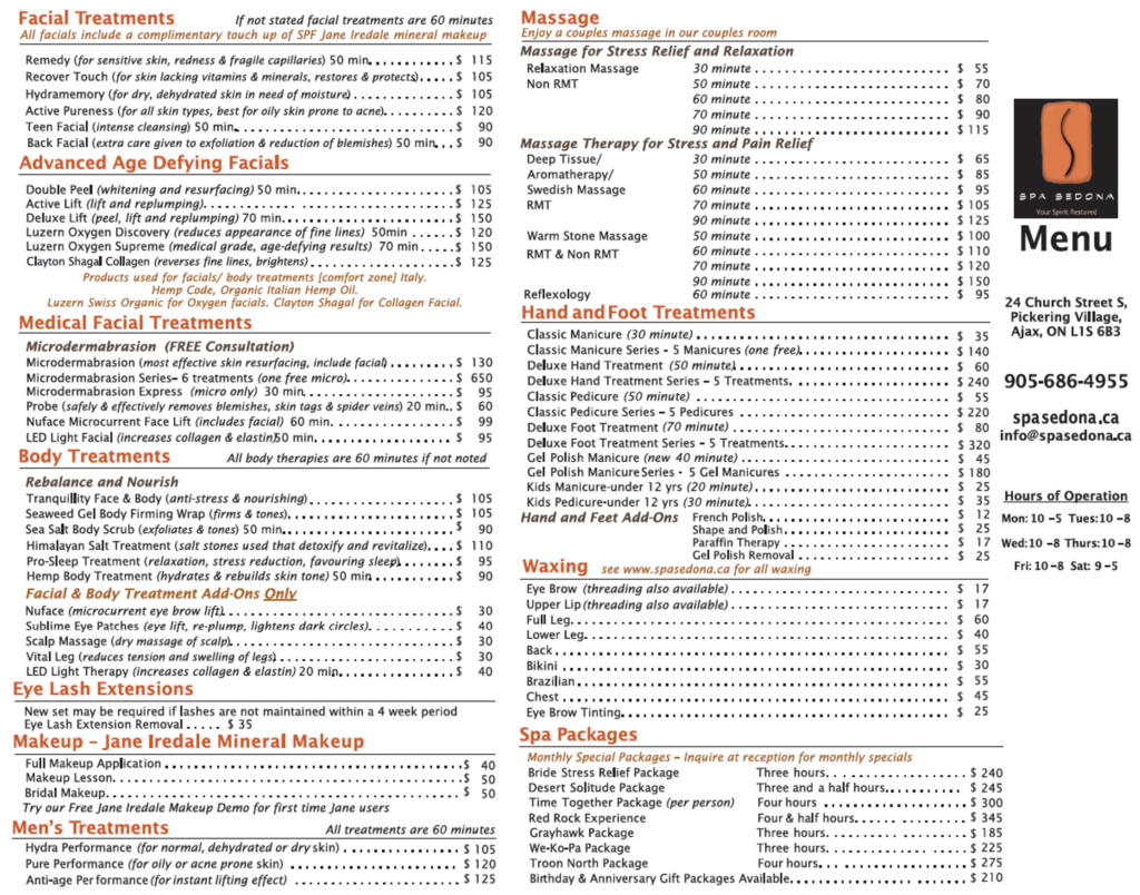 Medical Spa Menus